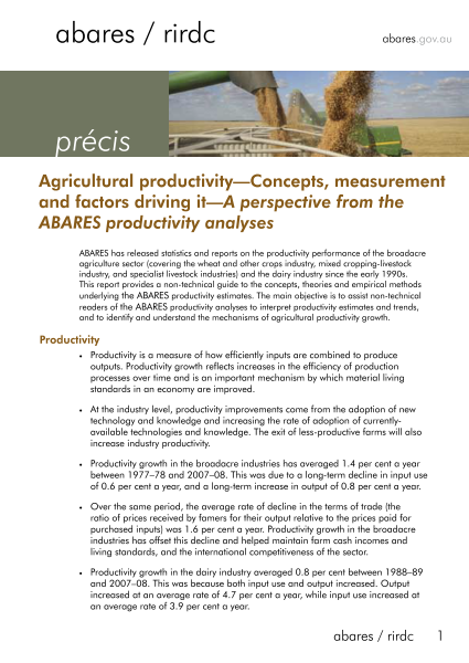 Precis – Agricultural Productivity: Concepts, Measurement and Factors ...