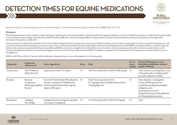 Detection times for equine medications – Summary table | AgriFutures ...
