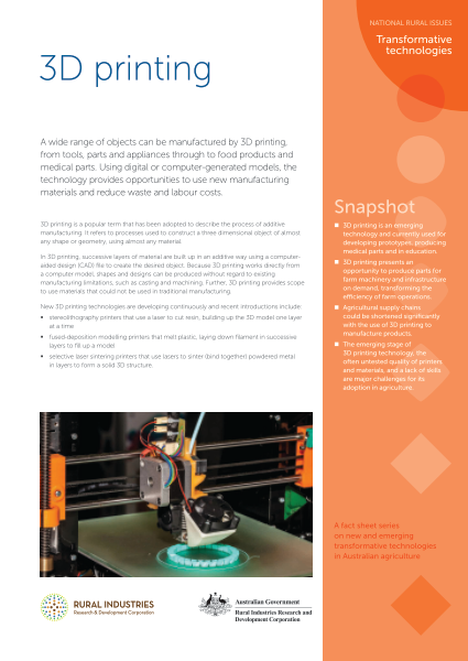 Transformative Technology Fact Sheet – 3D Printing | AgriFutures Australia