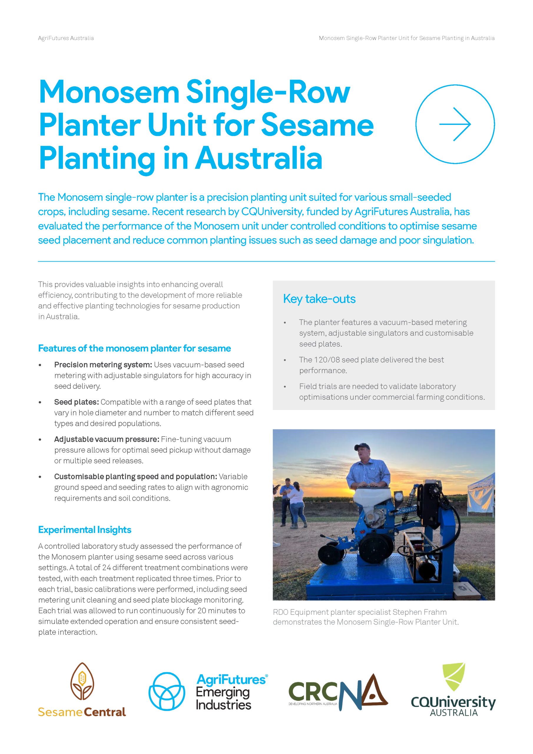 Monosem single-row planter unit for sesame planting in Australia ...